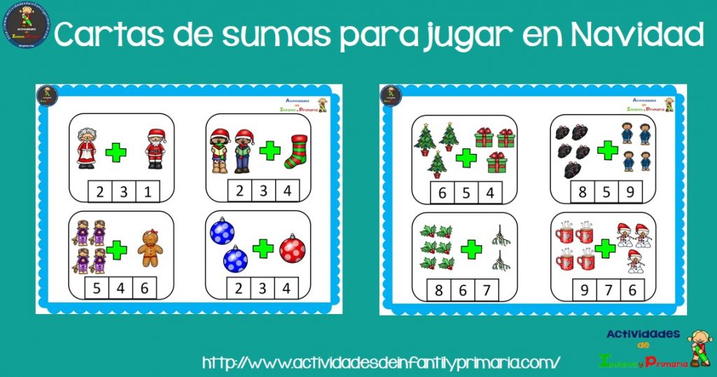 Cartas de sumas para jugar en Navidad - Actividades de infantil y primaria