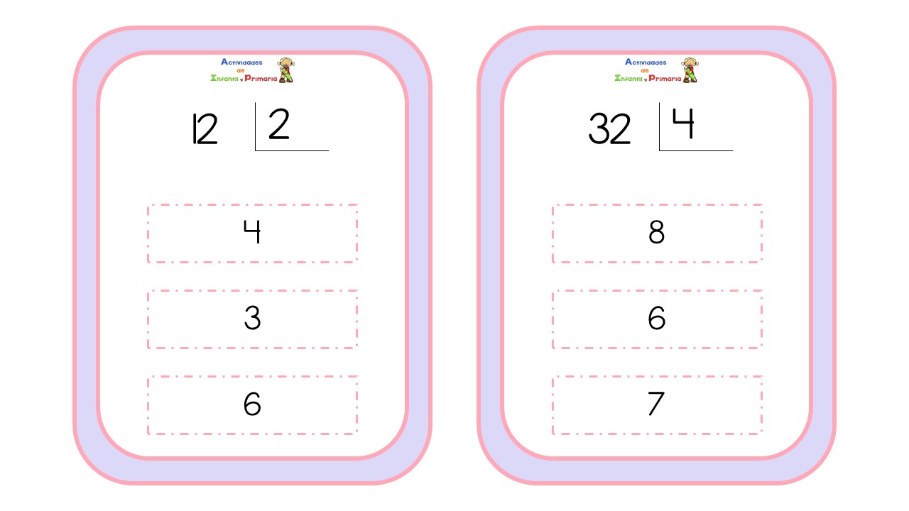 Tarjetas: Divisiones exactas - Actividades de infantil y primaria
