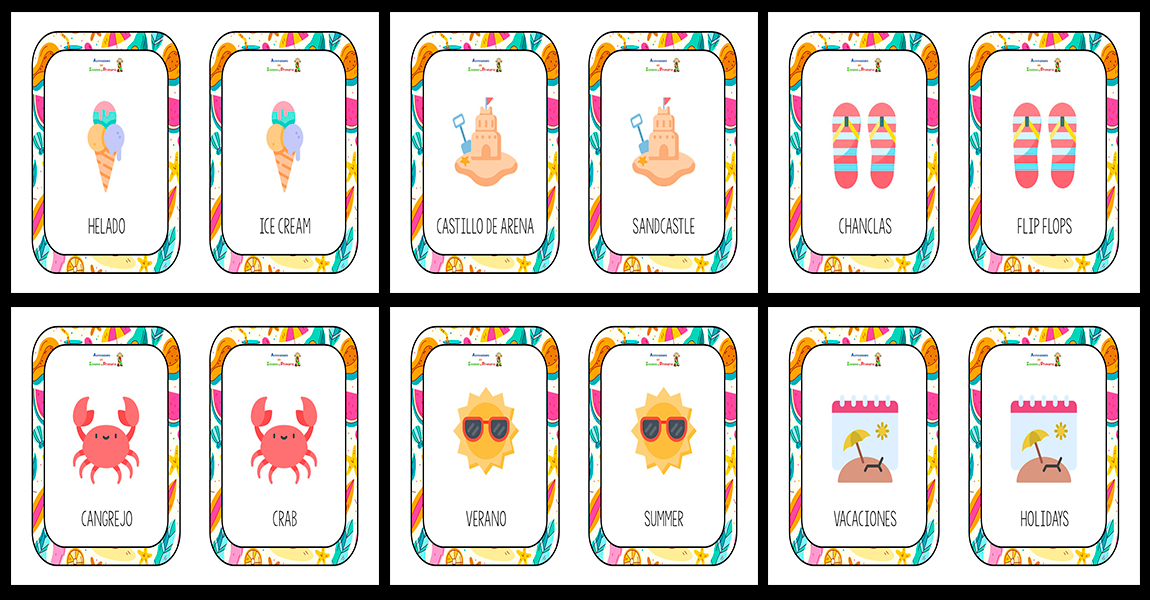 Flashcards con vocabulario de verano en inglés y castellano ...