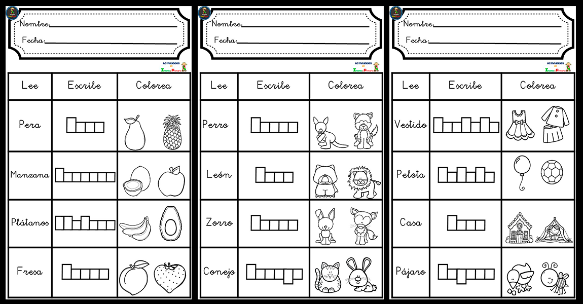 Fichas de lectoescritura de palabras: Lee, escribe y colorea ...