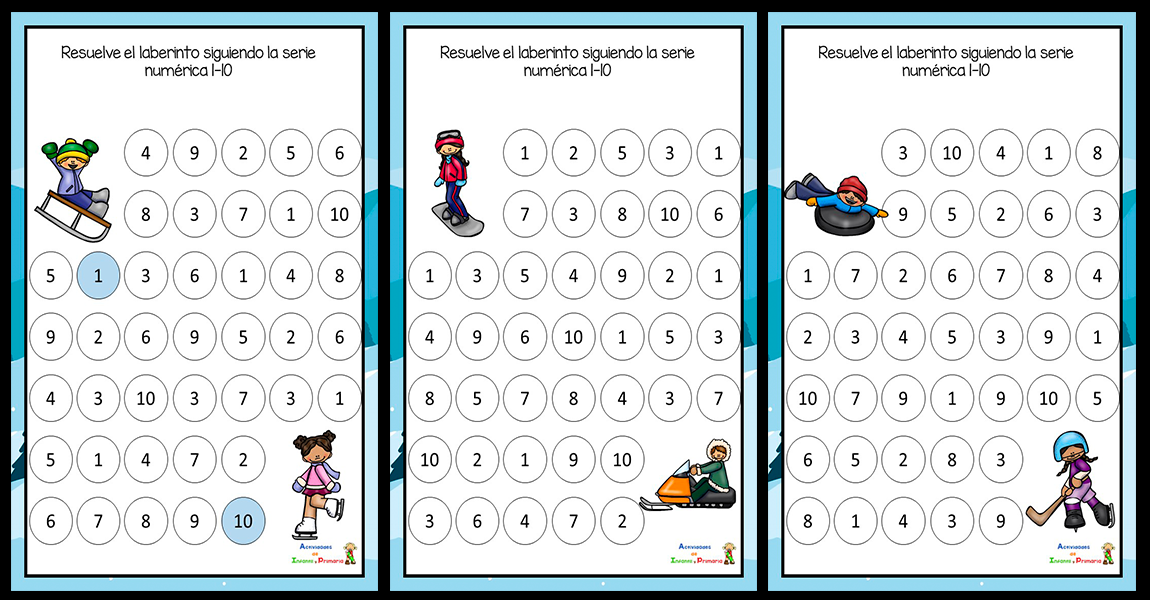 Laberintos numéricos de invierno - Actividades de infantil y primaria