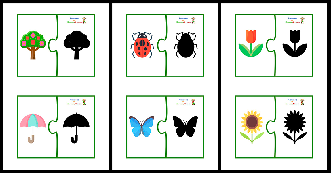 Puzzle para trabajar la atención: Dibujos de primavera y su silueta ...