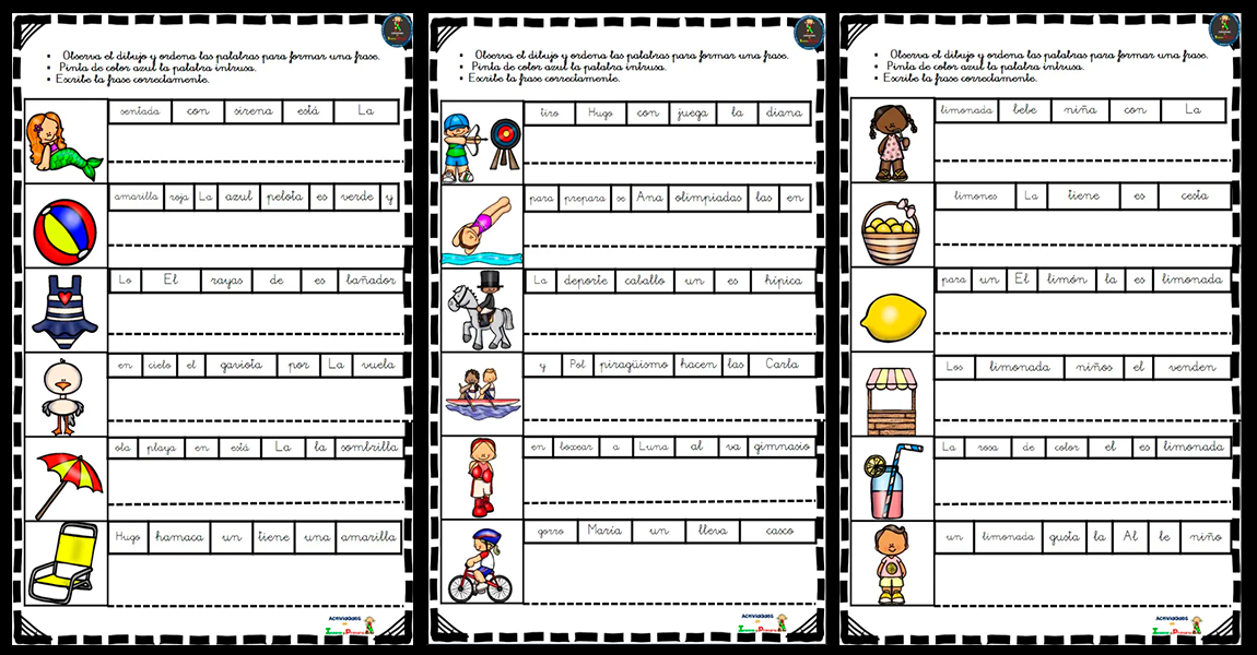 Palabras desordenadas en frases - Actividades de infantil y primaria