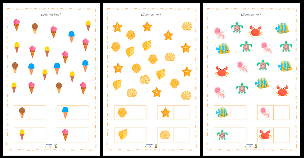 Fichas de conteo con dibujos de verano - Actividades de infantil y primaria