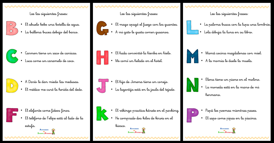 Fichas para repasar la lectura de frases con las letras del abecedario ...