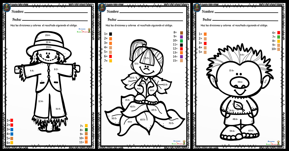 Divide y colorea según el resultado - Actividades de infantil y primaria
