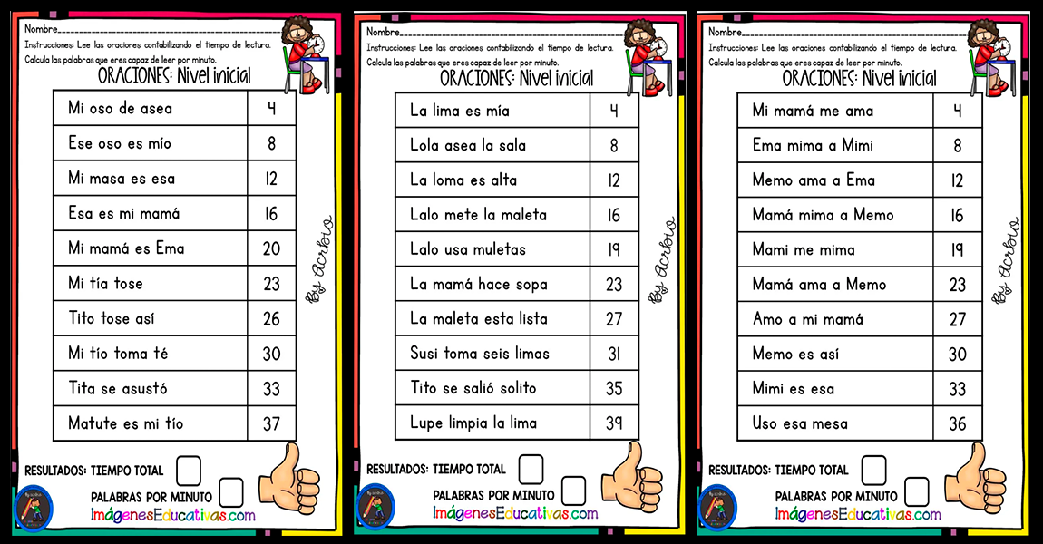 Fichas para trabajar el control de lectura de oraciones, nivel inicial ...