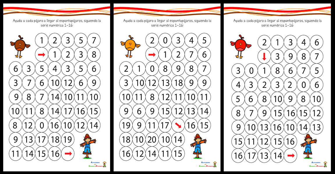 Laberintos numéricos de otoño - Actividades de infantil y primaria