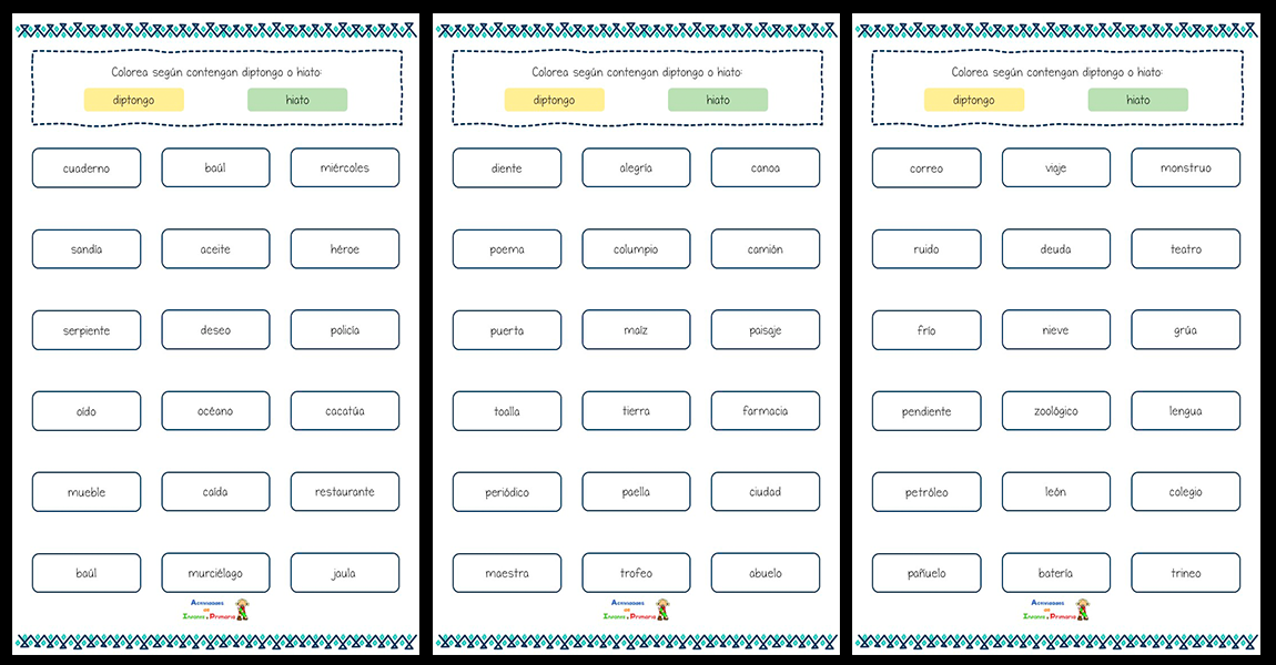 Palabras con diptongo e hiato - Actividades de infantil y primaria