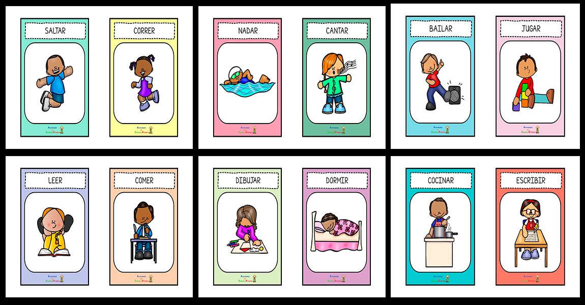 Bonita colección de tarjetas ilustrativas: Verbos de acción ...