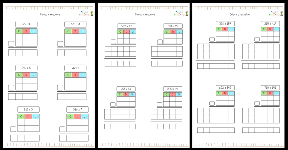 Fichas de multiplicaciones: Coloca y resuelve - Actividades de infantil ...