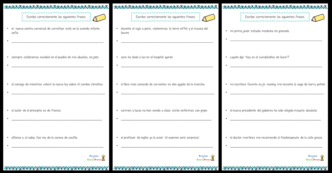 Uso de mayúsculas en frases - Actividades de infantil y primaria