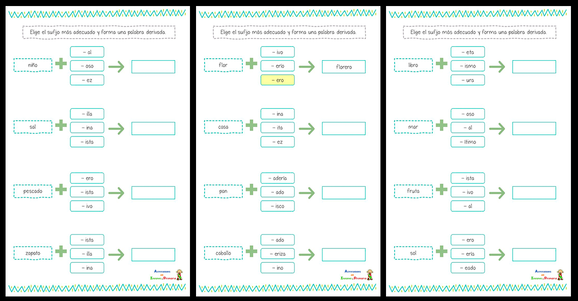 Formar palabras derivadas con sufijos - Actividades de infantil y primaria