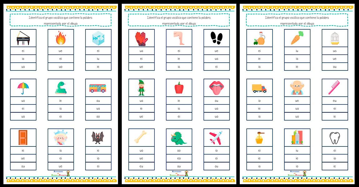 Palabras con grupos vocálicos - Actividades de infantil y primaria