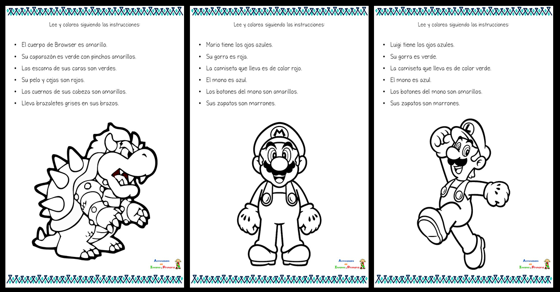 Colorea los personajes de Super Mario Bros siguiendo las instrucciones ...