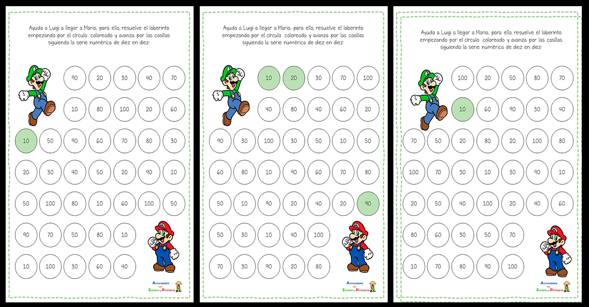 Laberintos numéricos de 10 en 10 con Luigi y Mario Bros - Actividades ...