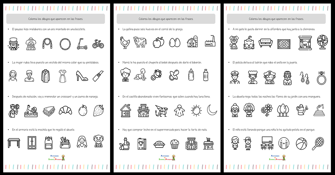 Comprensión lectora: Lee y colorea los dibujos que aparecen en cada ...