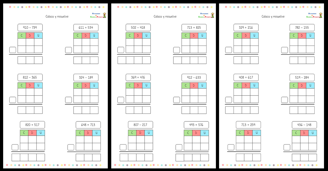 Coloca y resuelve: Sumas y restas con llevada - Actividades de infantil ...