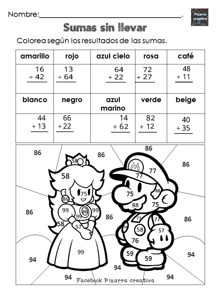 sumas y restas colorear super mario 1