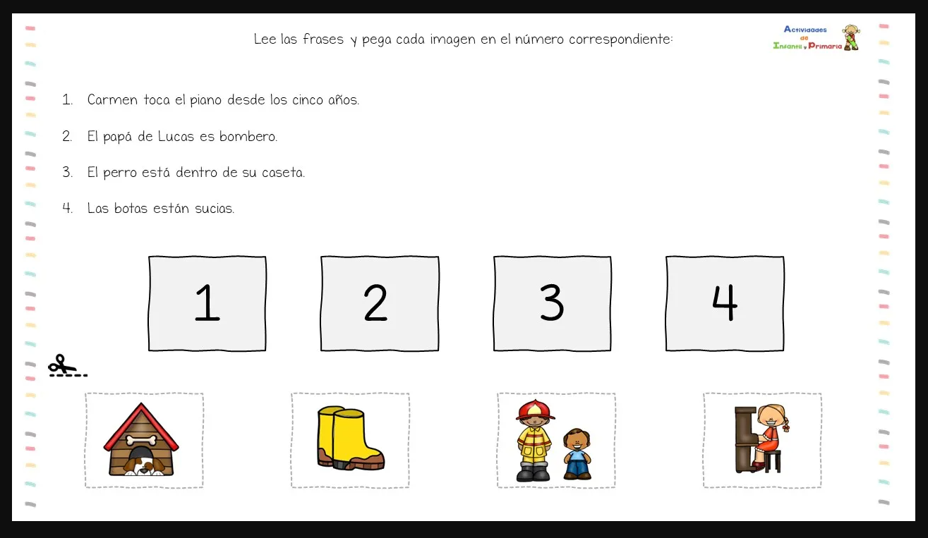 Asociación frases con imagen: Recorta y pega - Actividades de infantil ...