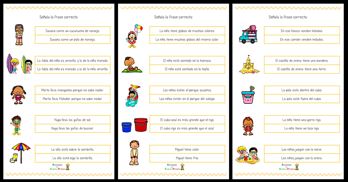 Comprensión lectora de frases cortas con dibujos de verano ...