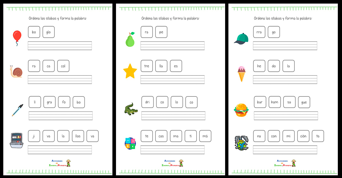 Fichas de lectoescritura: Ordena las sílabas y forma la palabra ...