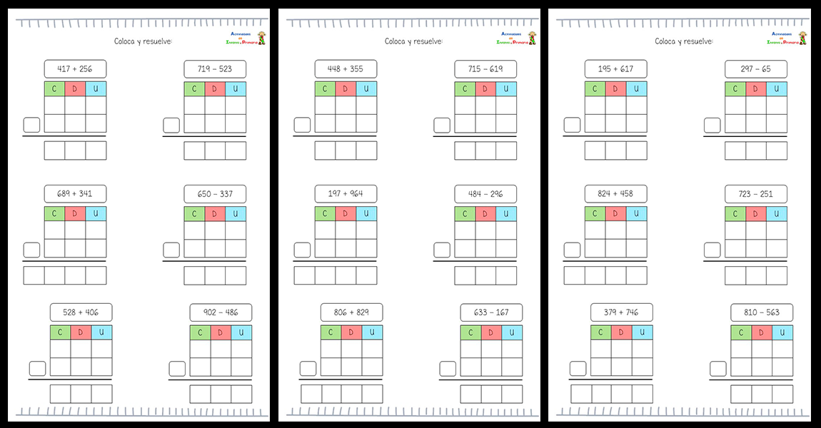 Sumas y restas de tres cifras: Coloca y resuelve - Actividades de ...
