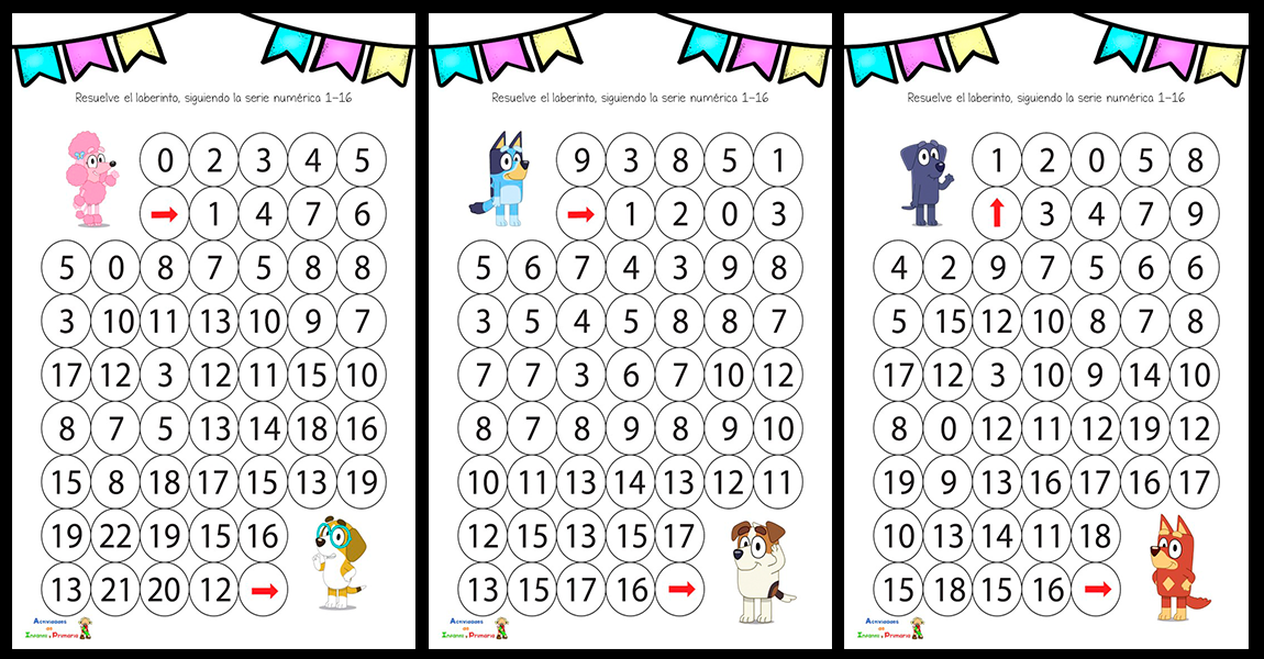 Laberintos numéricos con la familia Bluey - Actividades de infantil y ...
