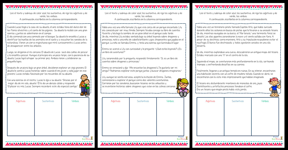 Encuentra en el texto: Sustantivos, adjetivos y verbos - Actividades de infantil y primaria
