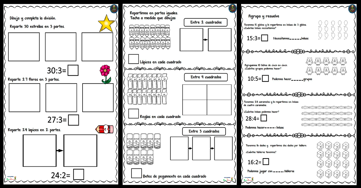 Fichas para aprender a dividir a través de ejercicios de repartición - Actividades de infantil y ...