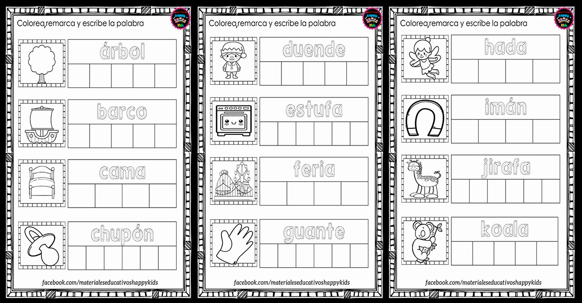 Fichas de lectoescritura: Colorea, remarca y escribe la palabra ...