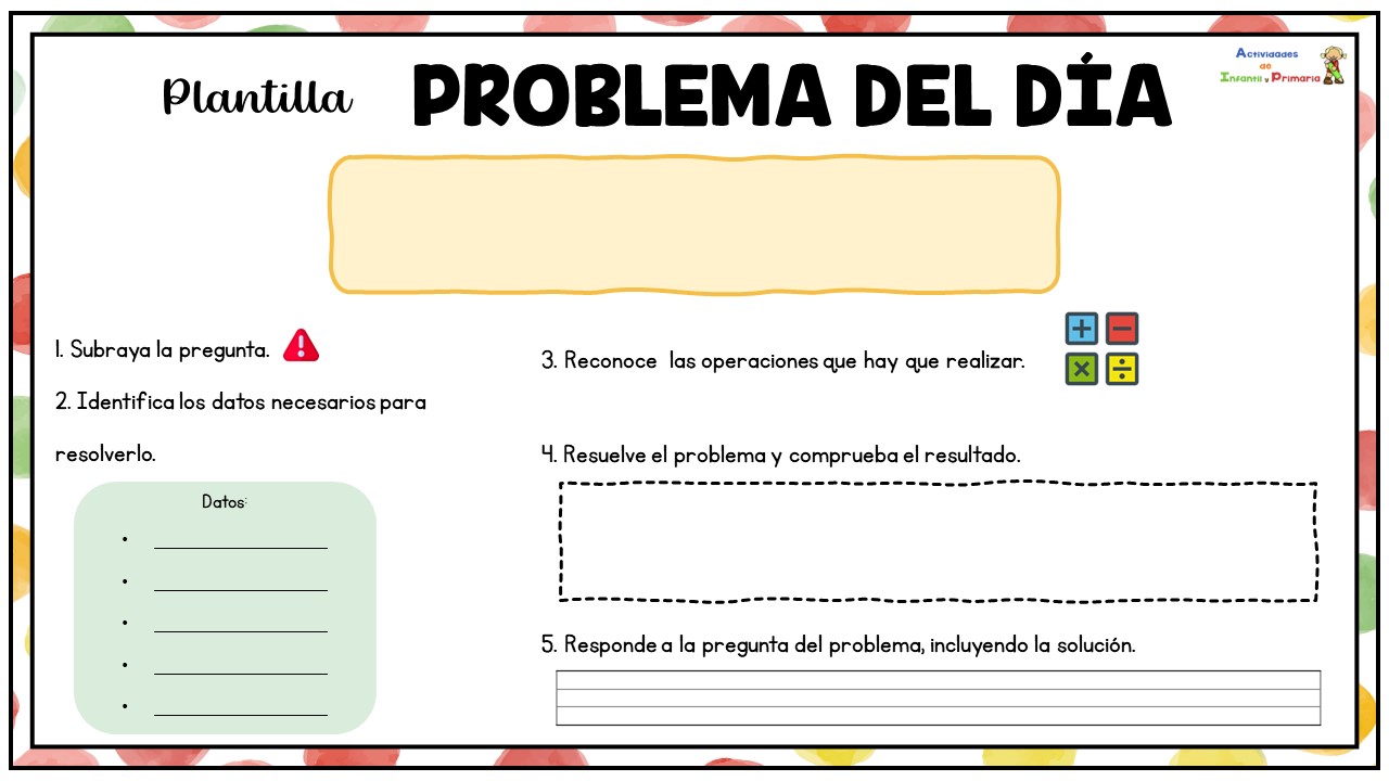 Plantilla: Problema matemático del día - Actividades de infantil y primaria