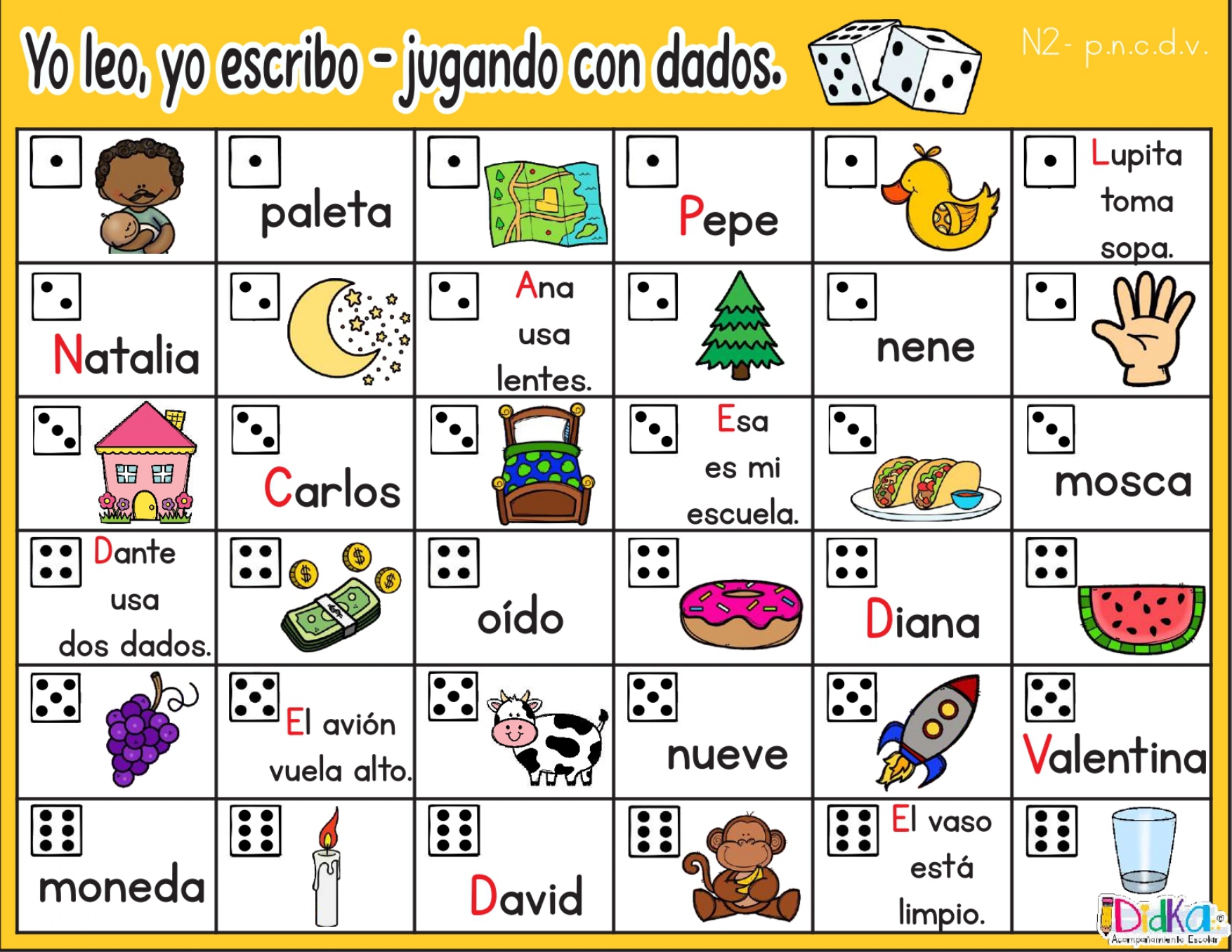 Juego con dados para leer y escribir palabras y oraciones - Actividades de infantil y primaria