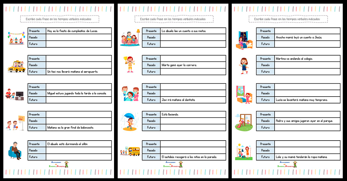 Frases con diferentes tiempos verbales - Actividades de infantil y primaria