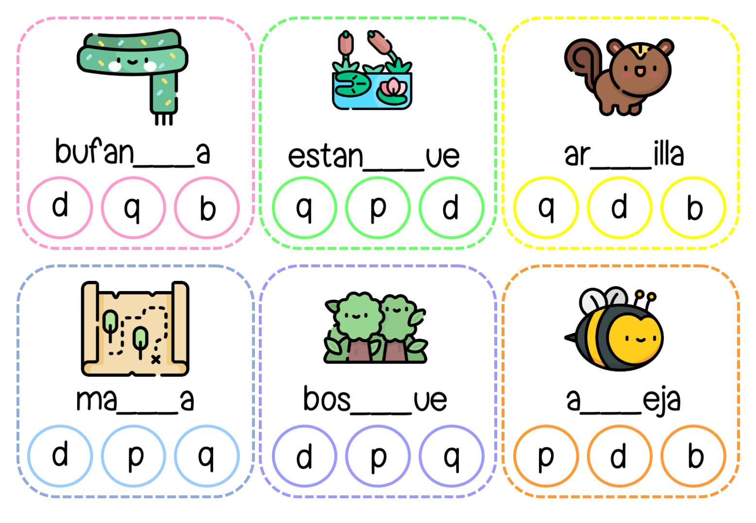 Ejercicio de lectoescritura: Diferenciación fonemas b - d - p - q ...