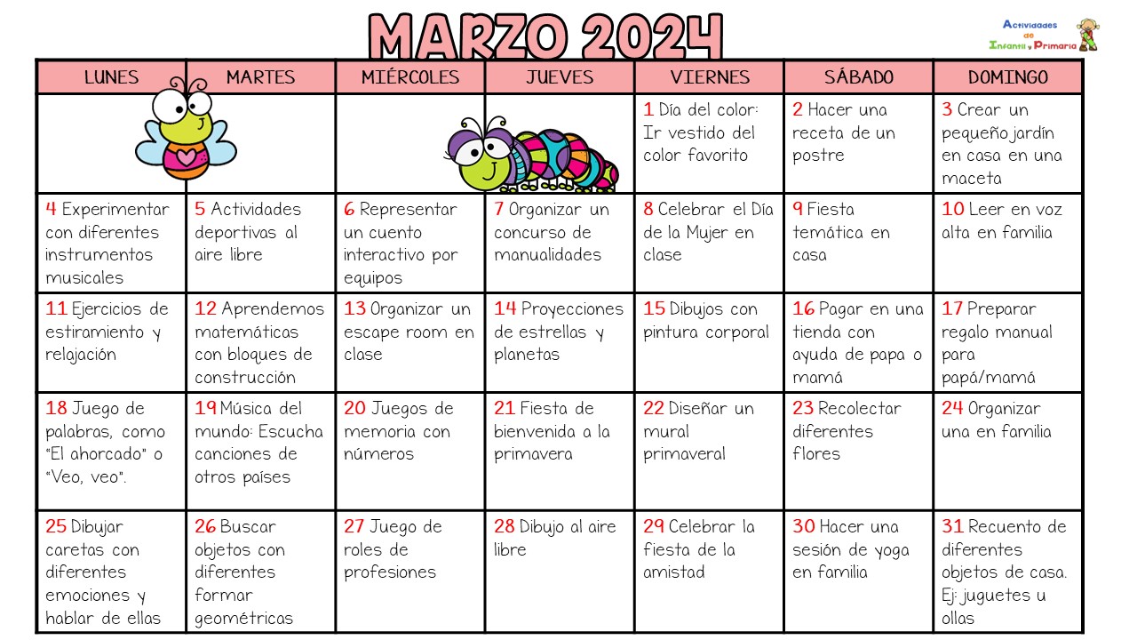 Calendario de actividades variadas para alumnos de Infantil marzo 2024 ...