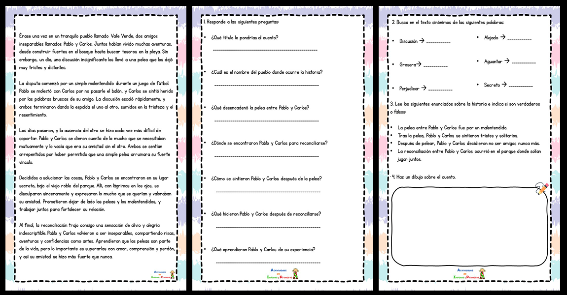 Comprensión lectora de un cuento sobre la amistad - Actividades de ...