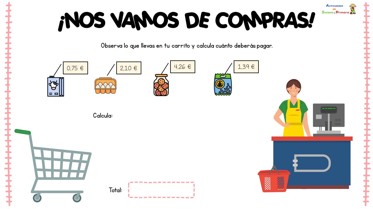 Nos vamos de compras para practicar las sumas con decimales - Actividades de infantil y primaria
