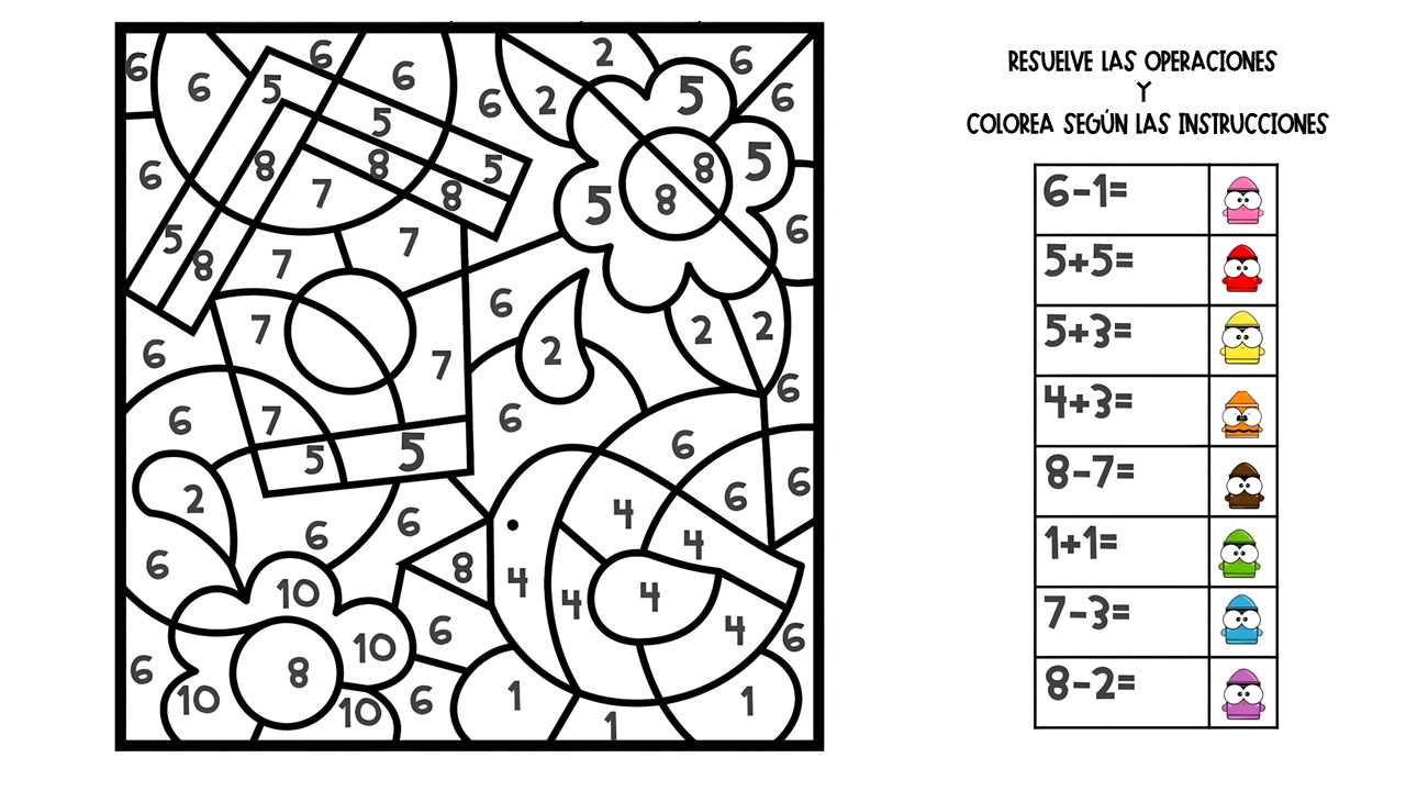 Dibujos de primavera Suma y colorea según el resultado nueva entrega (2)