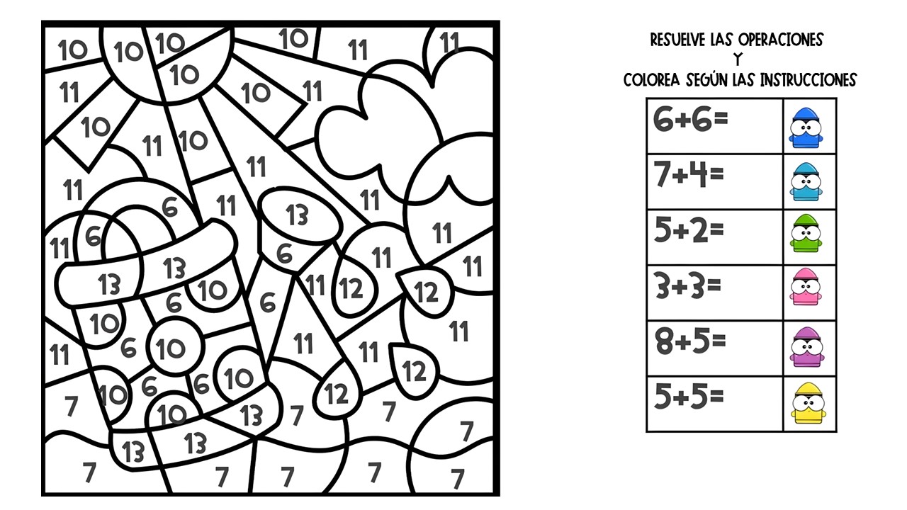 Dibujos de primavera Suma y colorea según el resultado nueva entrega (5)