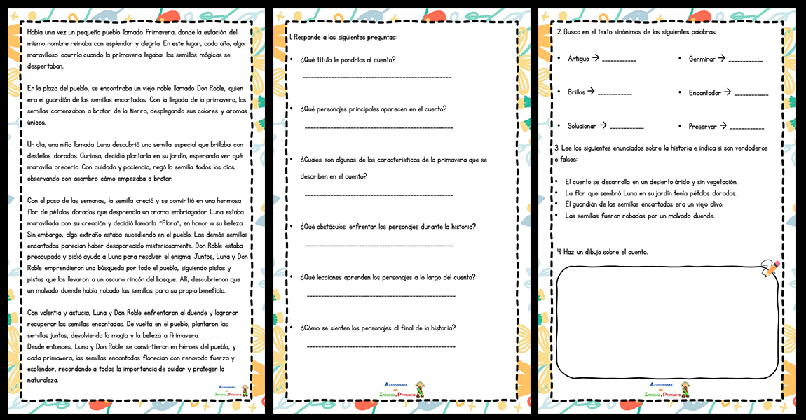 Comprensión lectora de un cuento infantil de primavera - Actividades de ...