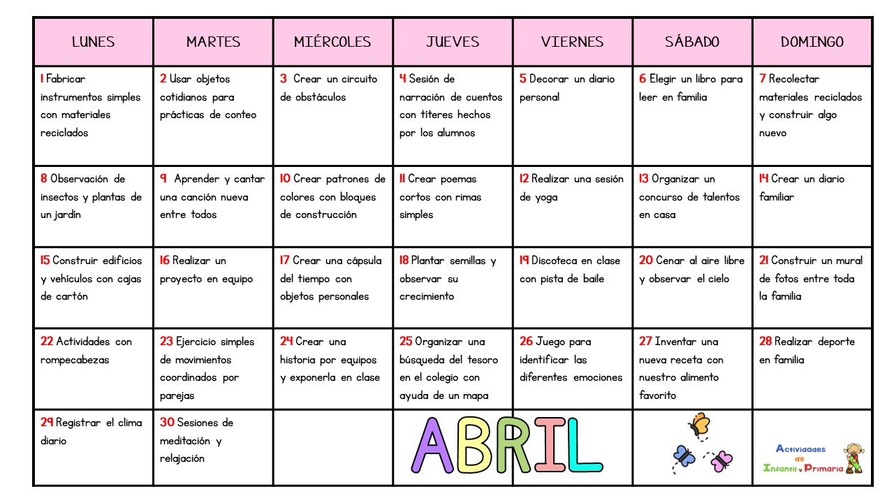 Calendario de actividades variadas para alumnos de Infantil ABRIL 2024 ...
