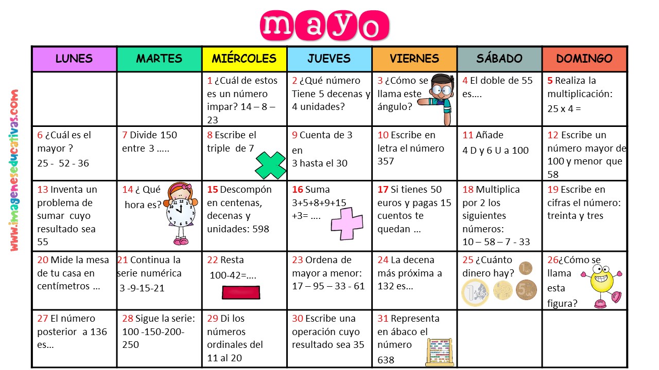 Calendario de actividades matemáticas mayo - Actividades de infantil y ...