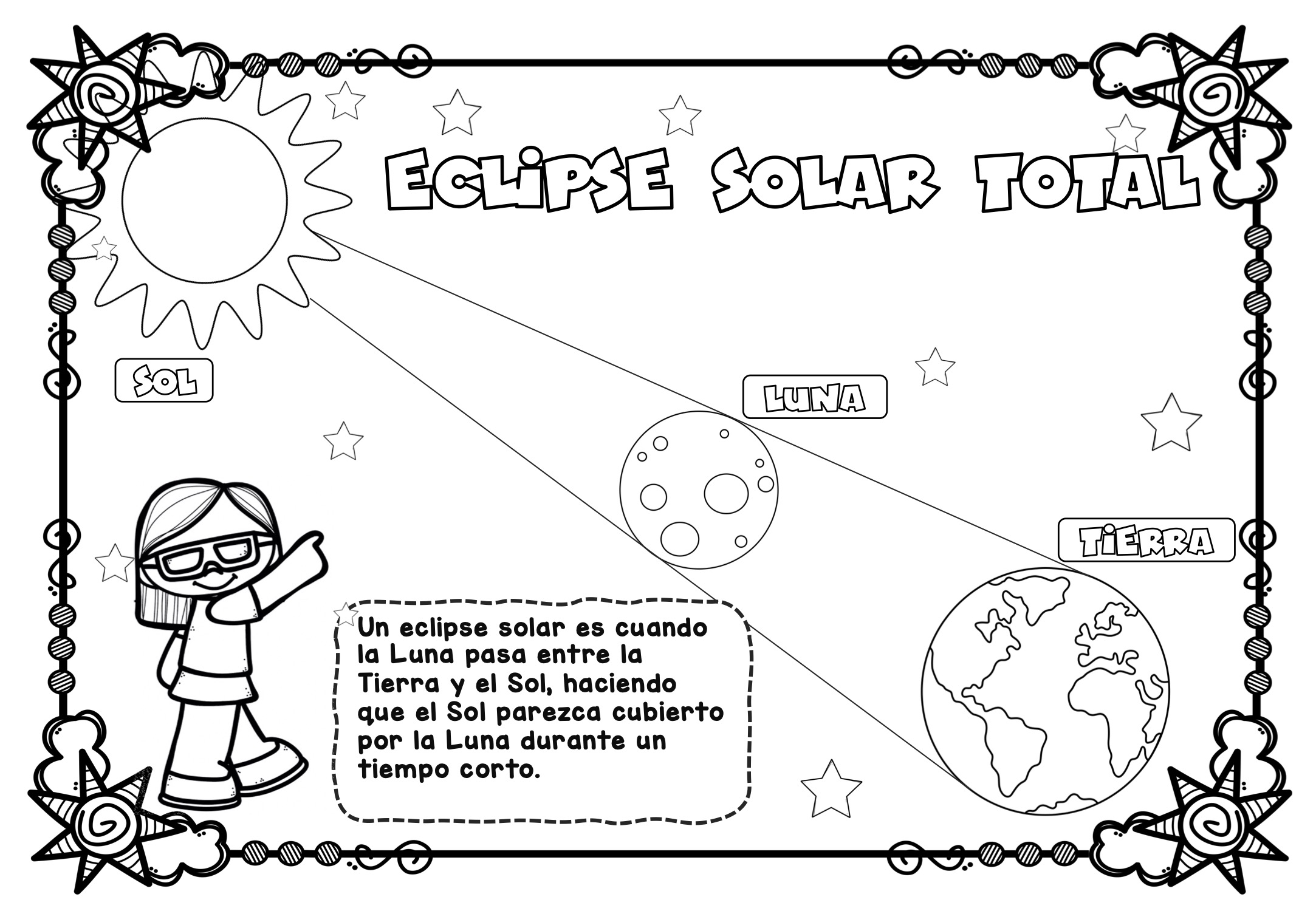 Lamina para colorear en infantil eclipse solar 2024