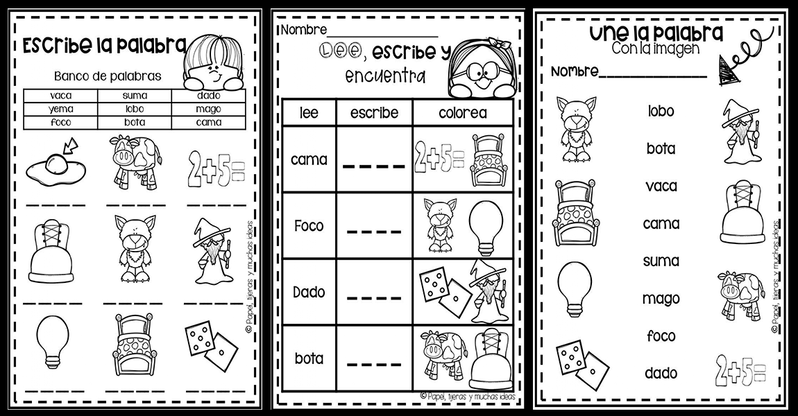 Fichas de lectoescritura de palabras con dibujos - Actividades de infantil y primaria