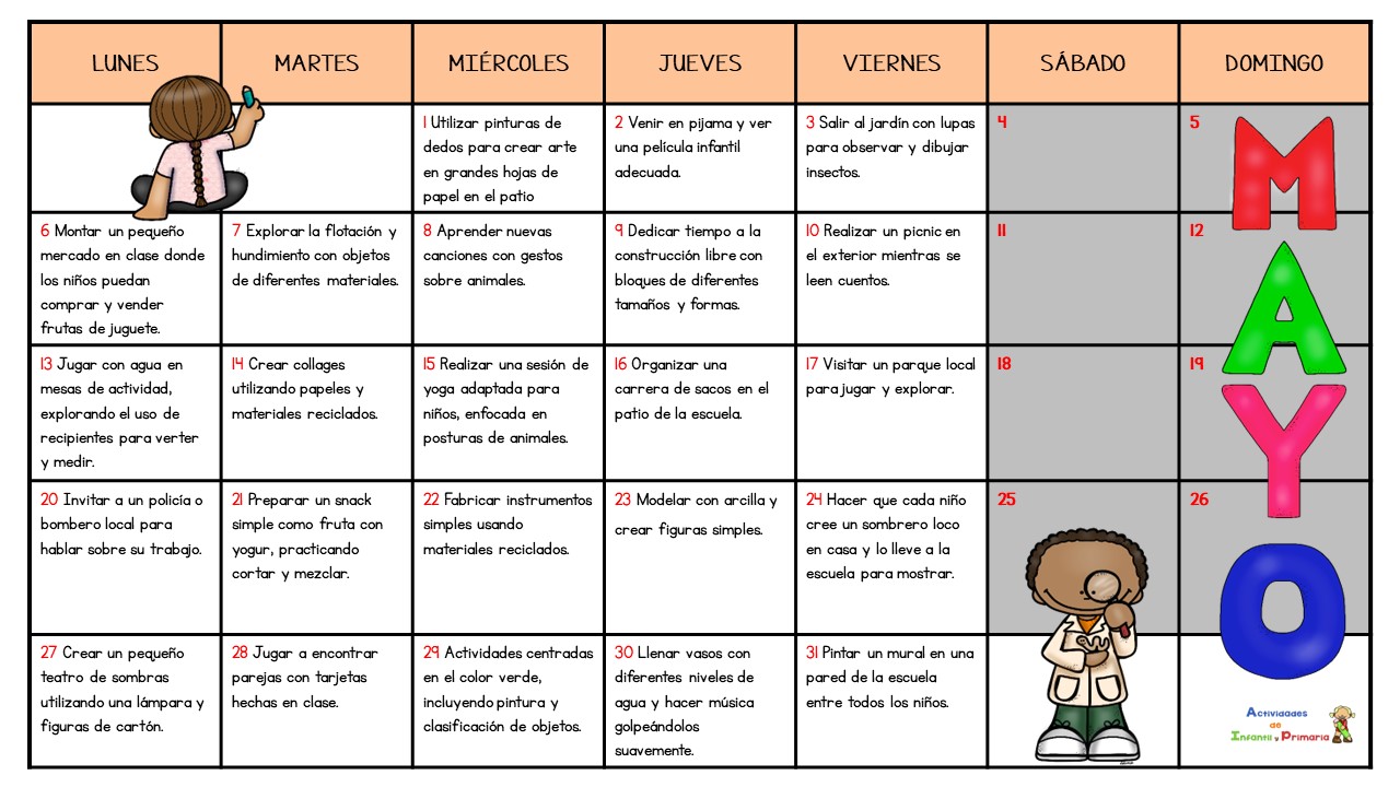 Calendario de actividades variadas para alumnos de Infantil mayo 2024 ...