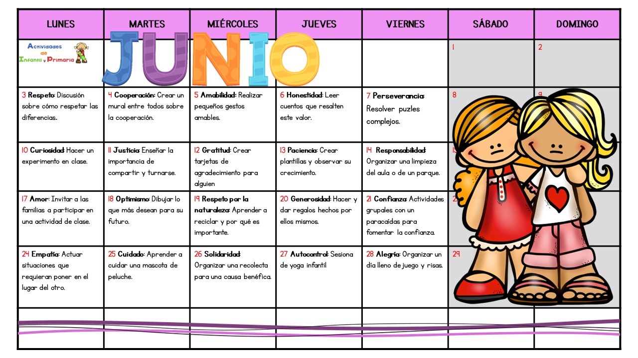 Calendario de actividades basadas en VALORES para el mes de junio 2024 - Actividades de infantil ...