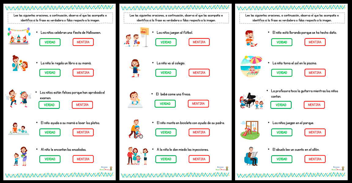 Comprensión lectora de frases con dibujos: ¿Verdad o mentira ...