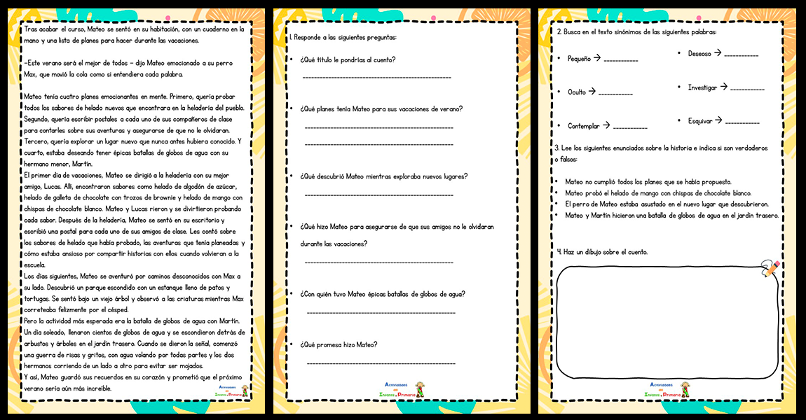 Comprensión lectora de un cuento: Planes de verano - Actividades de ...