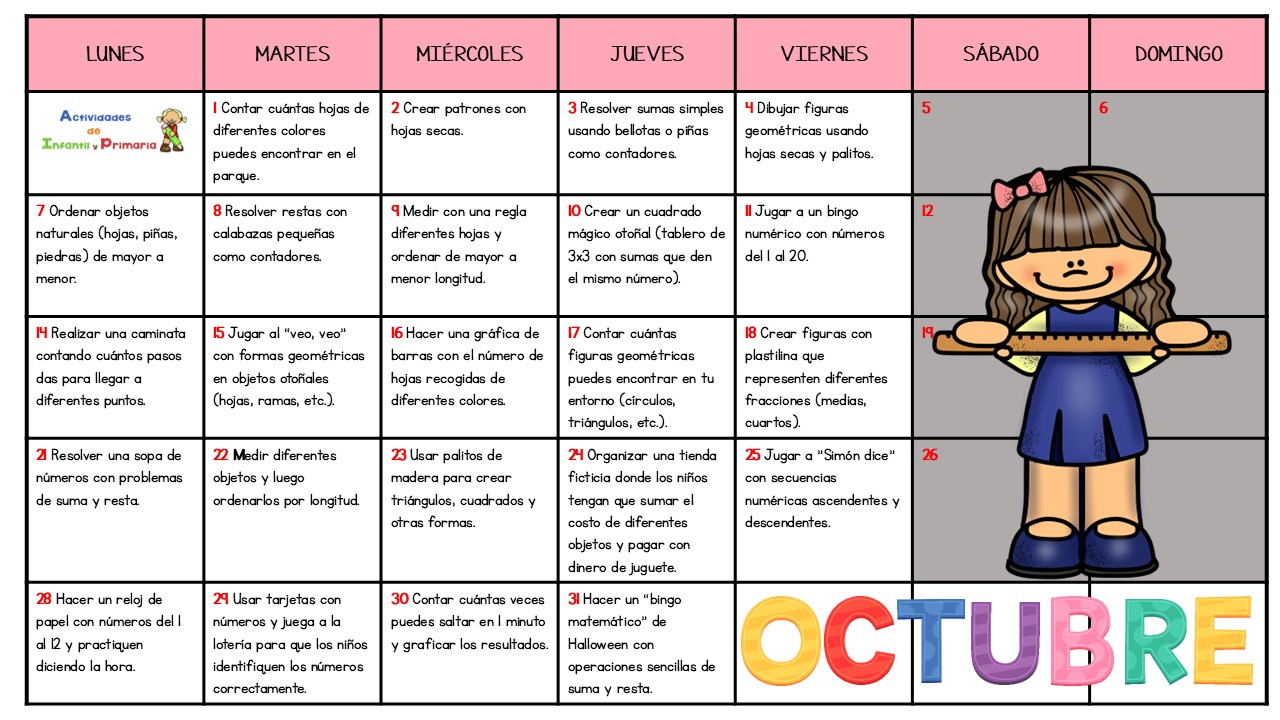 Calendario de actividades matemáticas para el mes de octubre 2024 ...
